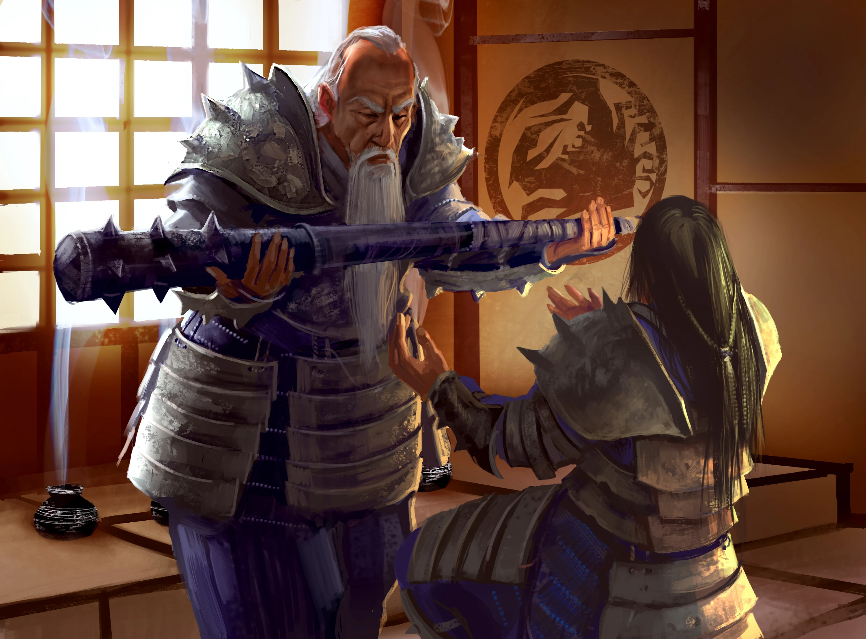 Image - Tatsune gifting his tetsubo to his son.jpg | L5r: Legend of the ...